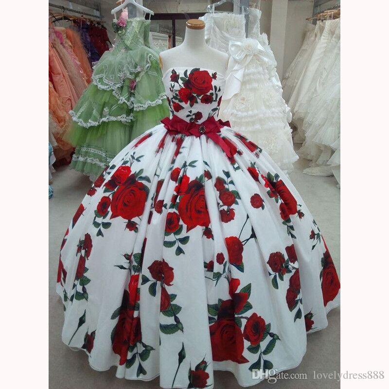 Ball Gown Prom Dress,strapless Off The Shoulder Prom Dress,print Roses ...