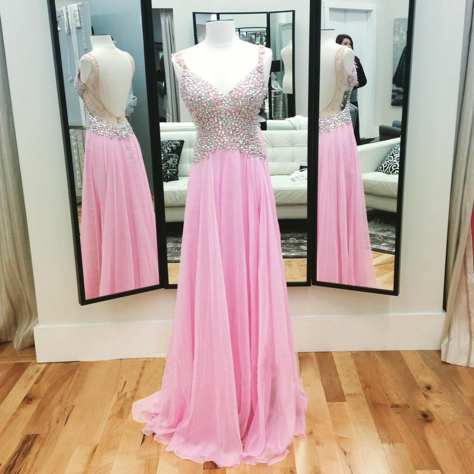 V-neck Prom Dress, Pink Prom Dress, Popular Prom Dress, Backless Prom ...